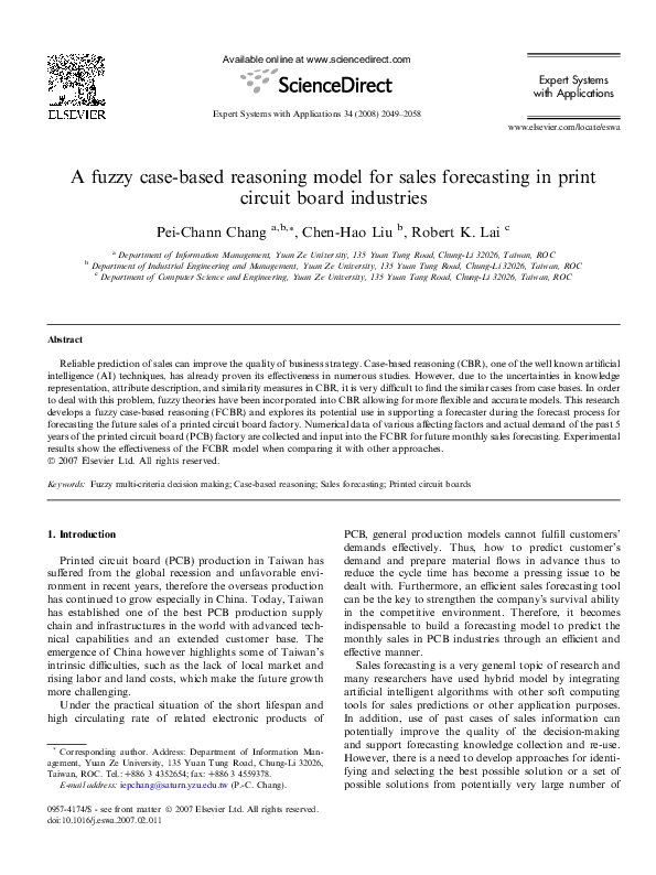 Pdf A Fuzzy Case Based Reasoning Model For Sales Forecasting In Print Circuit Board Industries
