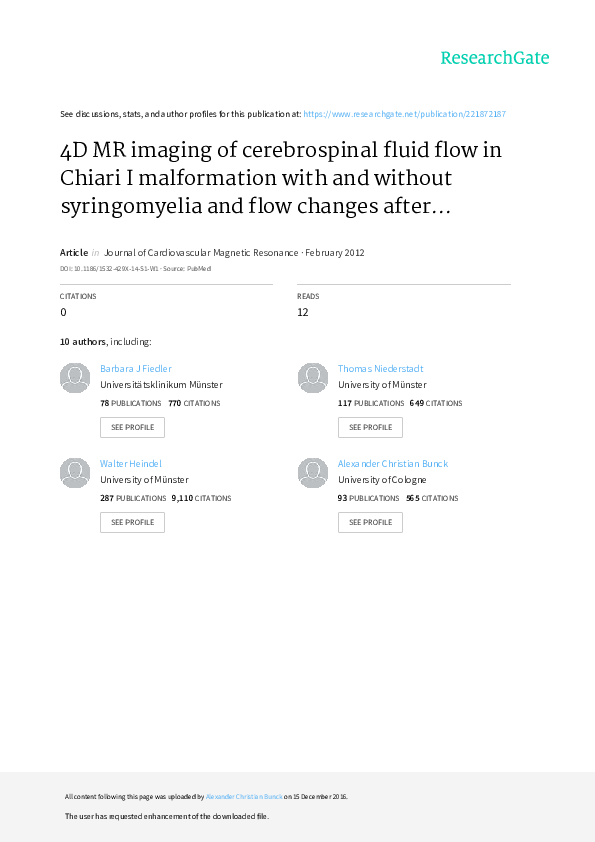 (PDF) 4D MR imaging of cerebrospinal fluid flow in Chiari I ...