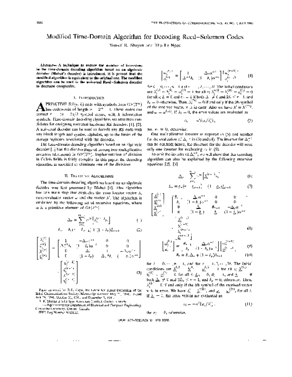Pdf Modified Time Domain Algorithm For Decoding Reed Solomon Codes