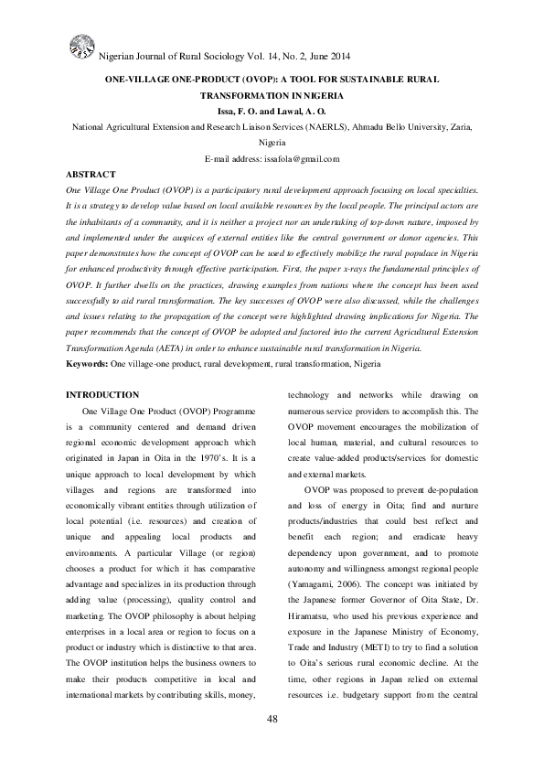 (PDF) ONE-VILLAGE ONE-PRODUCT (OVOP): A TOOL FOR SUSTAINABLE RURAL ...