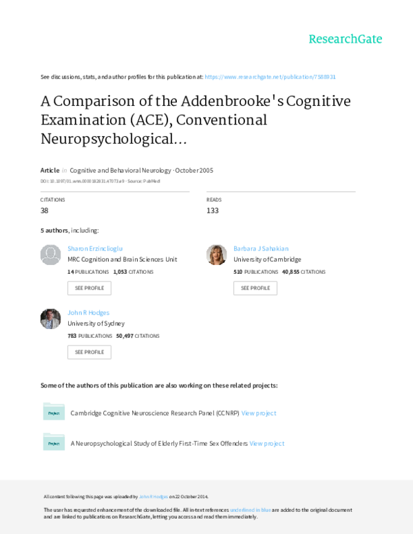 (PDF) A Comparison of the Addenbrooke??s Cognitive Examination (ACE ...