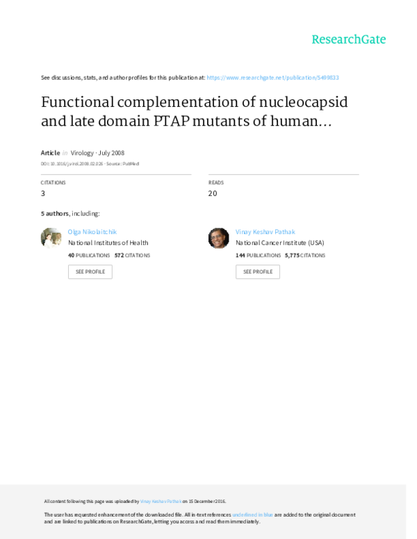 (PDF) Functional complementation of nucleocapsid and late domain PTAP mutants of human ...