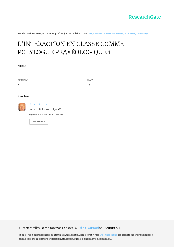 (PDF) L'Interaction en Classe Comme Polylogue Praxéologique 1
