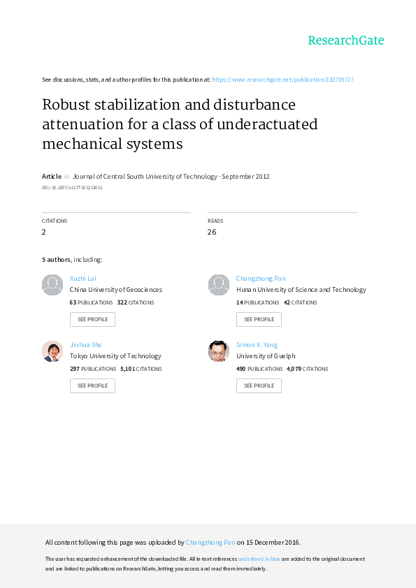 (PDF) Robust stabilization and disturbance attenuation for a class of underactuated mechanical ...