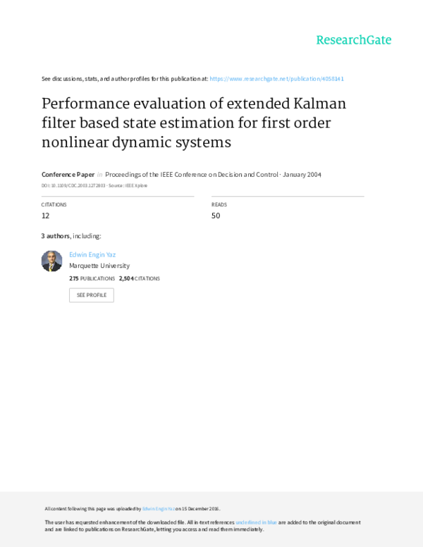 Pdf Performance Evaluation Of Extended Kalman Filter Based State Estimation For First Order