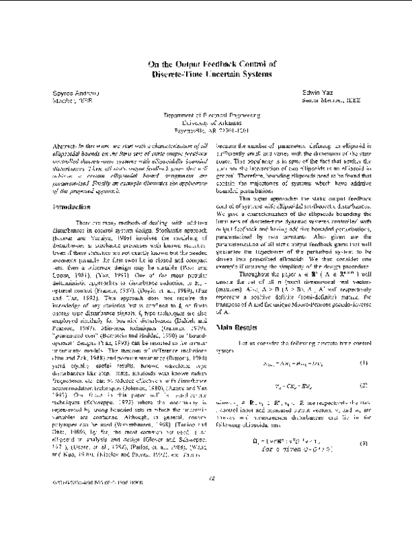 Pdf On The Output Feedback Control Of Discrete Time Uncertain Systems