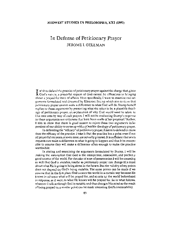 (PDF) In Defense of Petitionary Prayer