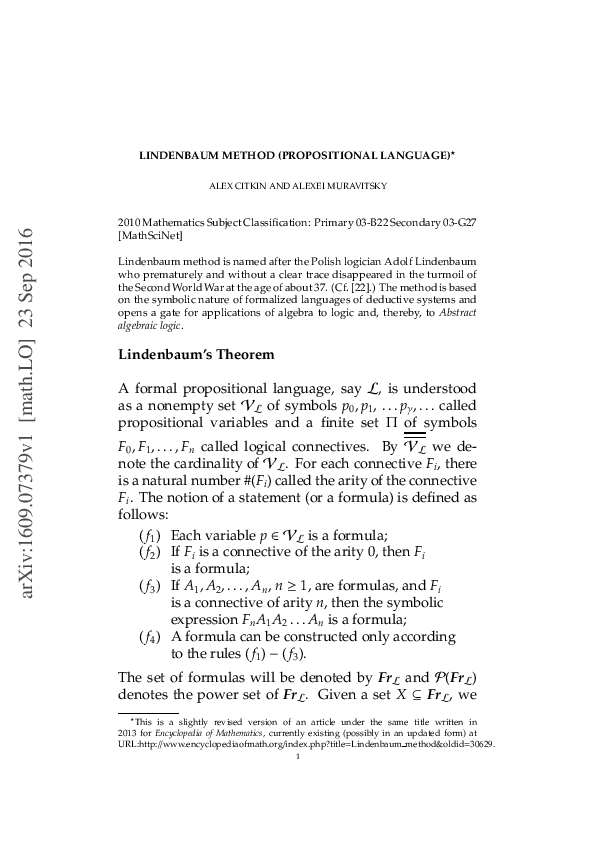 (PDF) Lindenbaum Method (propositional language)
