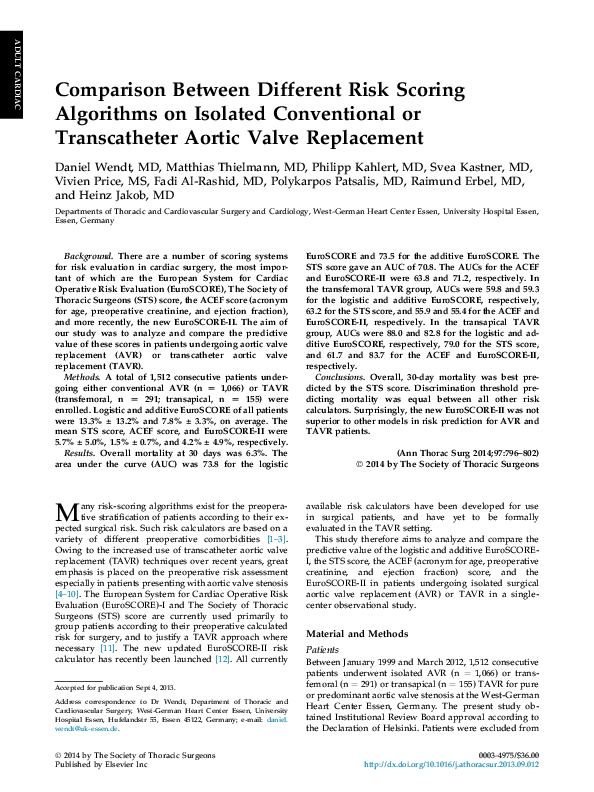 (PDF) Comparison Between Different Risk Scoring Algorithms on Isolated Conventional or ...