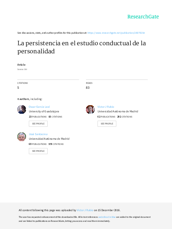 (PDF) LA PERSISTENCIA EN EL ESTUDIO CONDUCTUAL DE LA PERSONALIDAD ...