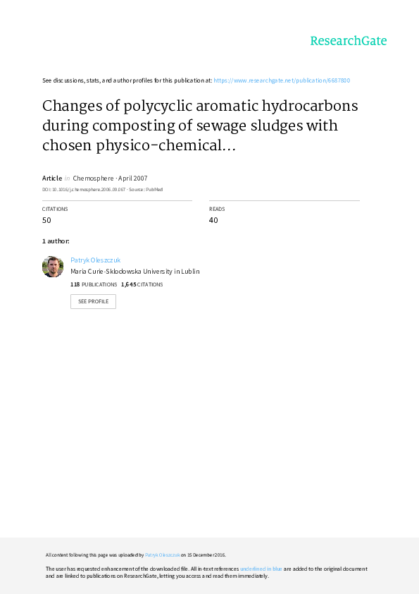 (PDF) Changes of polycyclic aromatic hydrocarbons during composting of sewage sludges with ...