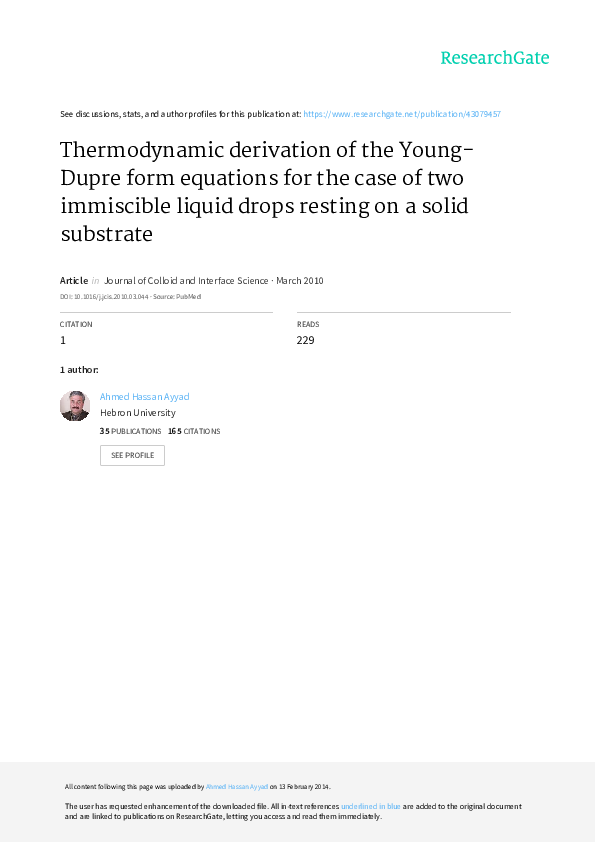 (PDF) Thermodynamic derivation of the Young–Dupré form equations for ...