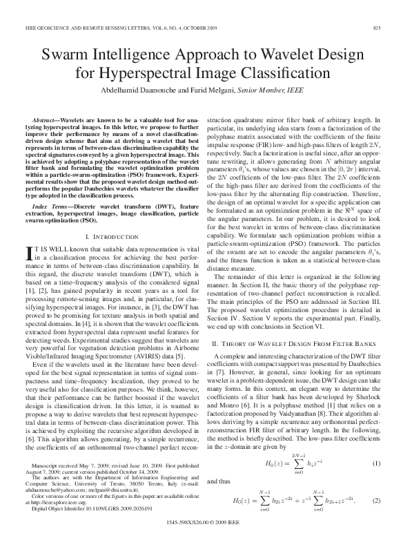 (PDF) Swarm intelligence approach to wavelet design for hyperspectral image classification