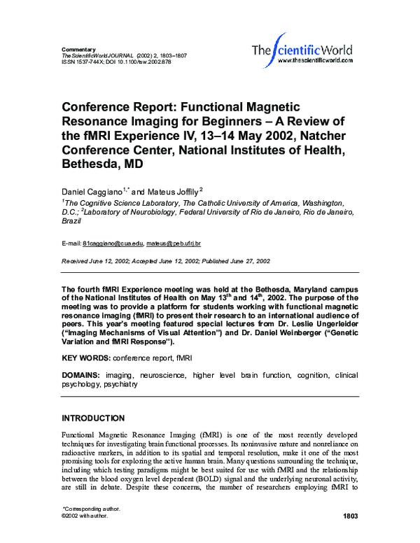 (PDF) Conference Report: Functional Magnetic Resonance Imaging for ...