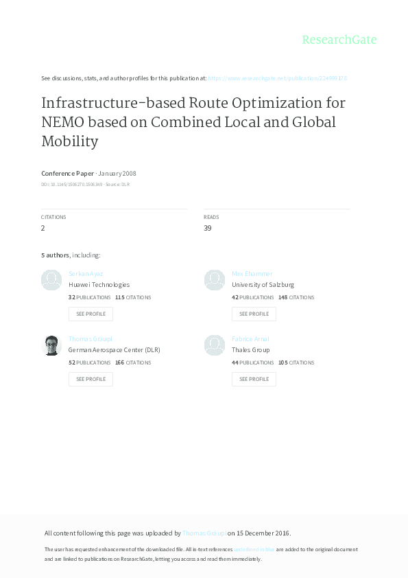 (PDF) Infrastructure-based route optimization for NEMO based on combined local and global mobility