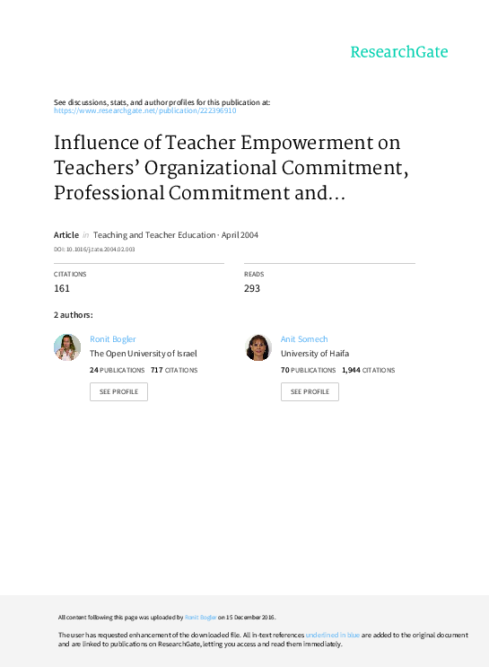 (PDF) Influence of teacher empowerment on teachers’ organizational ...