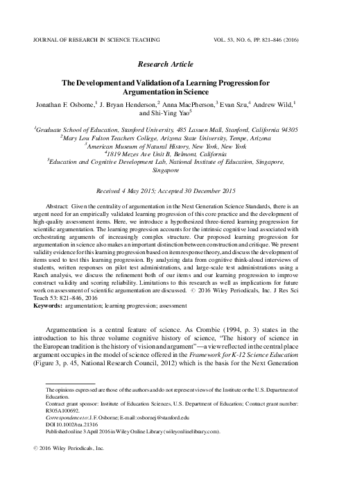 Pdf The Development And Validation Of A Learning Progression For Argumentation In Science