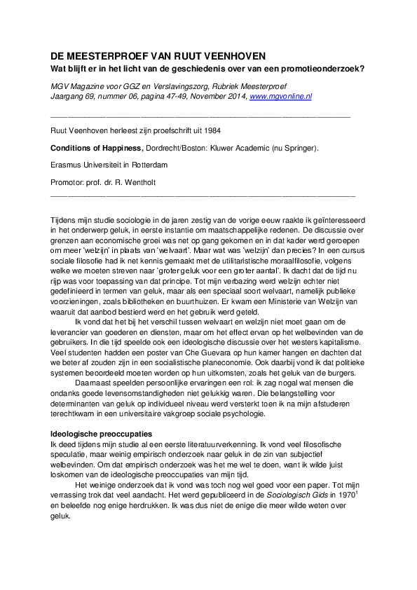 (PDF) De meesterproef van Ruut Veenhoven: Wat blijft er in het licht van de geschiedenis over ...
