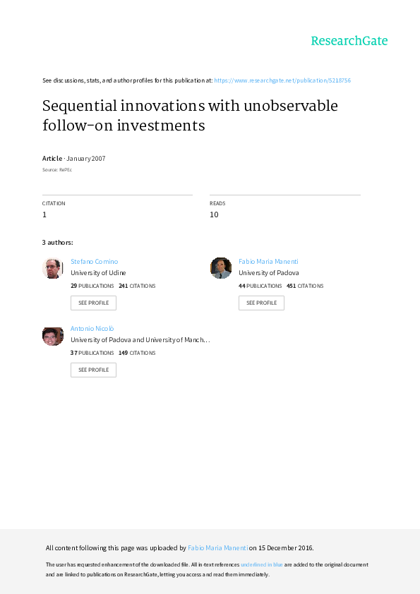 Sequential innovations with unobservable follow-on investments