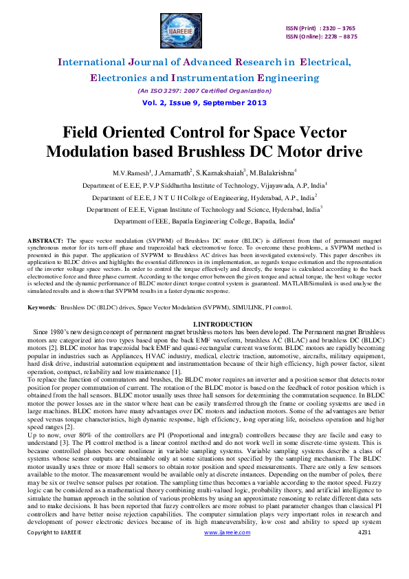 Pdf Field Oriented Control For Space Vector Modulation Based