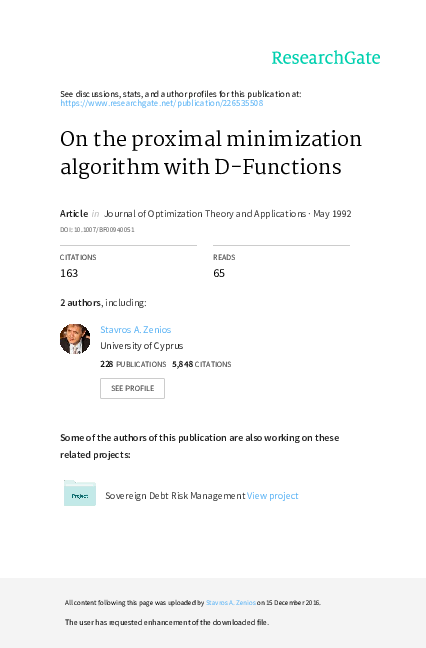 Pdf Proximal Minimization Algorithm Withd Functions Stavros A Zenios