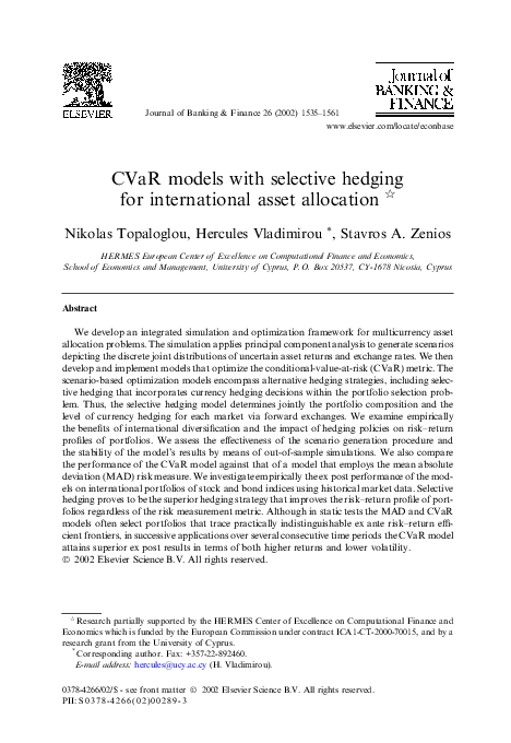 (PDF) CVaR models with selective hedging for international asset ...