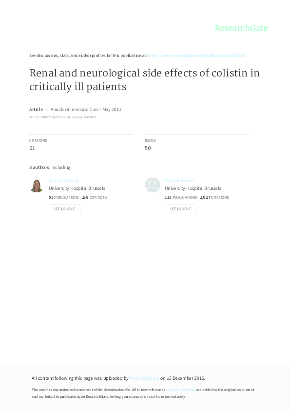 (PDF) Renal and neurological side effects of colistin in critically ill ...