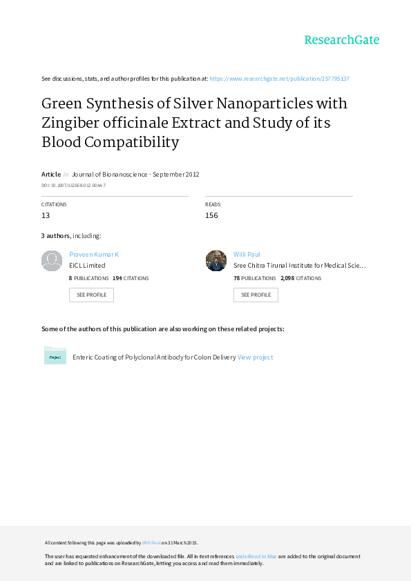 (PDF) Green Synthesis of Silver Nanoparticles with Zingiber officinale Extract and Study of its ...