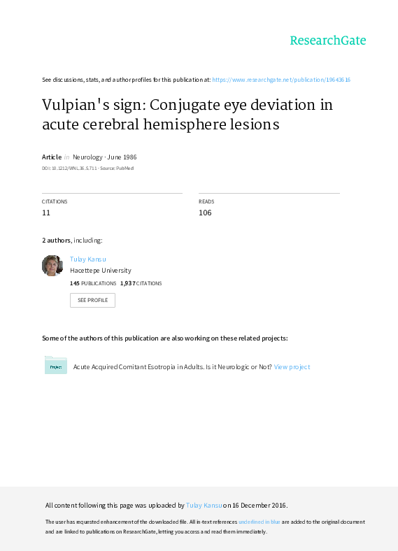 (PDF) Vulpian's sign Conjugate eye deviation in acute cerebral ...