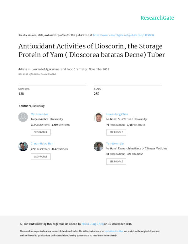 (PDF) Antioxidant Activities of Dioscorin, the Storage Protein of Yam ( Dioscorea batatas Decne ...