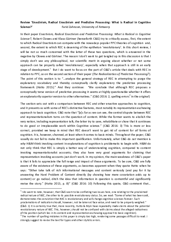 (PDF) Review 'Enactivism, Radical Enactivism and Predictive Processing: What is Radical in ...