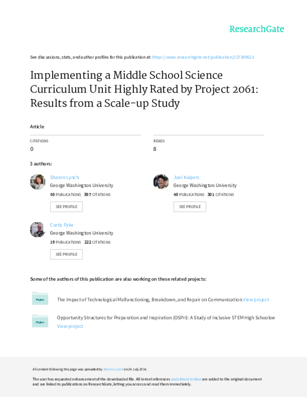 (PDF) Implementing a Middle School Science Curriculum Unit Highly Rated ...