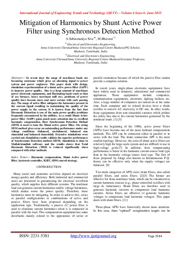 (PDF) Mitigation of Harmonics by Shunt Active Power Filter using Synchronous Detection Method