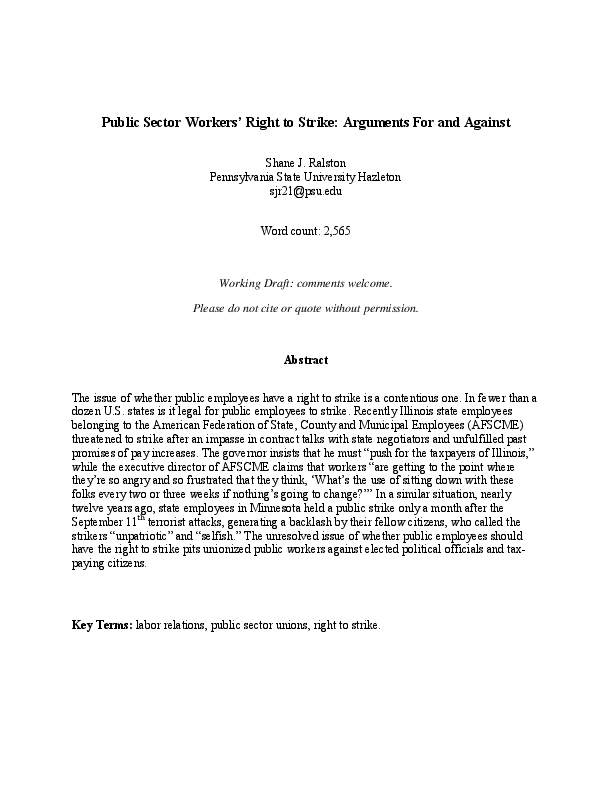 (PDF) Public Sector Workers' Right to Strike: Arguments For and Against