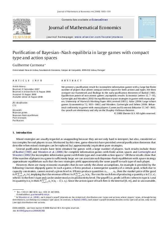 (PDF) Purification of Bayesian-Nash equilibria in large games with compact type and action spaces