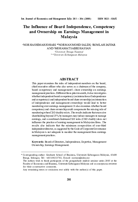 (PDF) The influence of board independence, competency and ownership on earnings management in ...