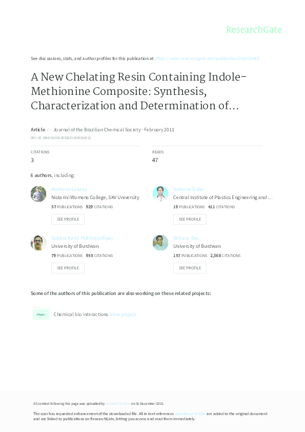 (PDF) A new chelating resin containing indole-methionine composite: synthesis, characterization ...
