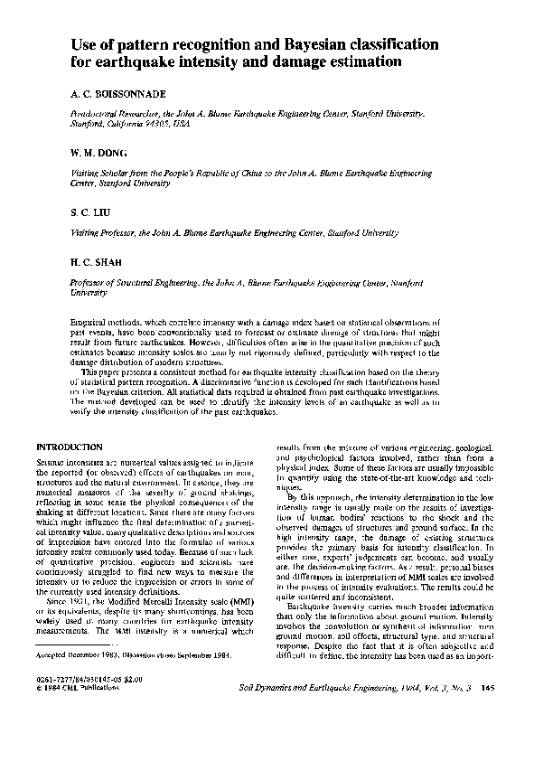 (PDF) Use of pattern recognition and Bayesian classification for earthquake intensity and damage ...