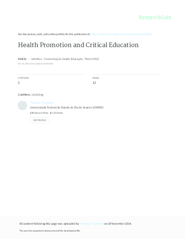 (PDF) Health Promotion and Critical Education | Florence Tocantins ...