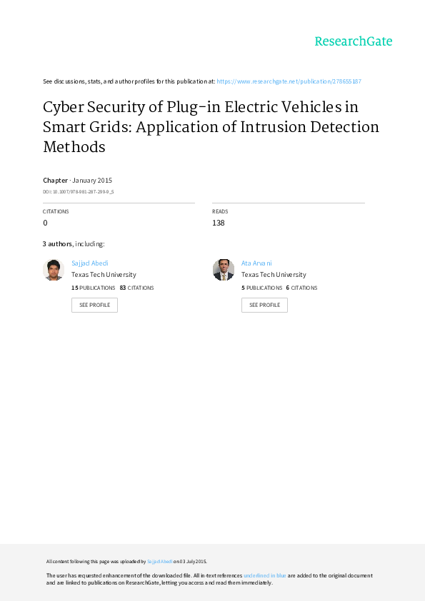 Pdf Cyber Security Of Plug In Electric Vehicles In Smart Grids Application Of Intrusion