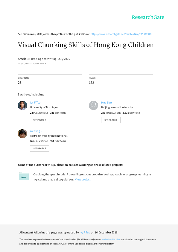 (PDF) Visual Chunking Skills of Hong Kong Children