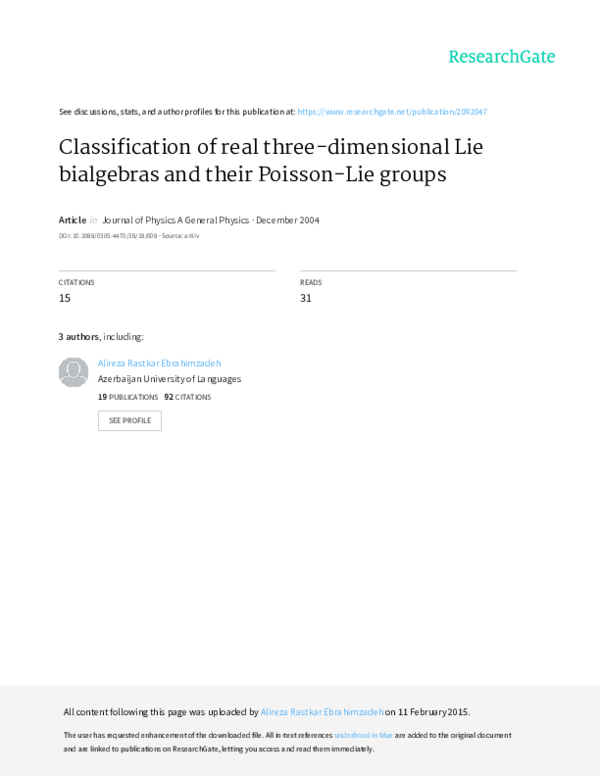 (PDF) Classification of real three-dimensional Lie bialgebras and their Poisson–Lie groups