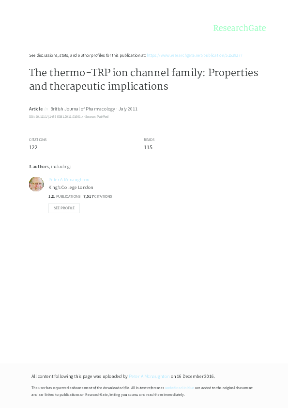 (PDF) The thermo‐TRP ion channel family: properties and therapeutic ...
