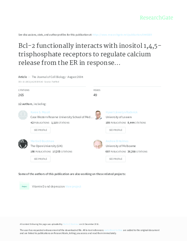 (PDF) Bcl-2 functionally interacts with inositol 1, 4, 5-trisphosphate receptors to regulate ...