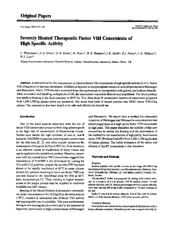 (PDF) Severely heated therapeutic factor VIII concentrate of high ...