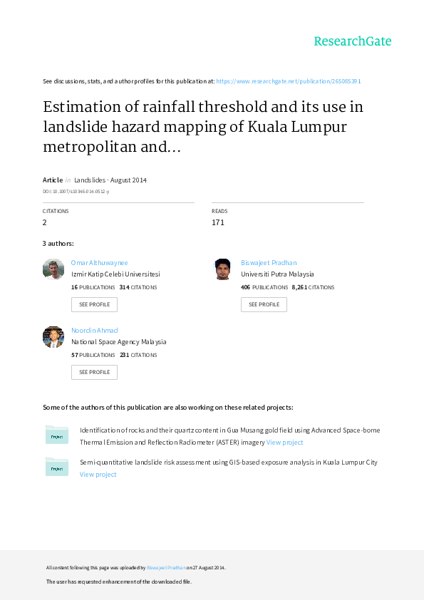 (PDF) Estimation of rainfall threshold and its use in landslide hazard mapping of Kuala Lumpur ...