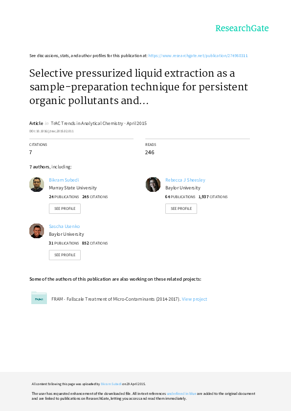 (PDF) Selective pressurized liquid extraction as a sample-preparation technique for persistent ...
