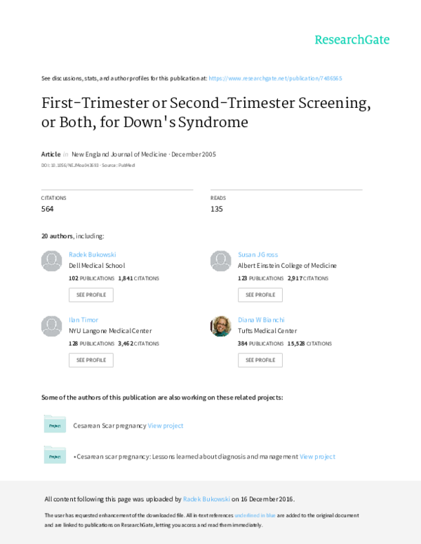 (PDF) First-Trimester or Second-Trimester Screening, or Both, for Down ...