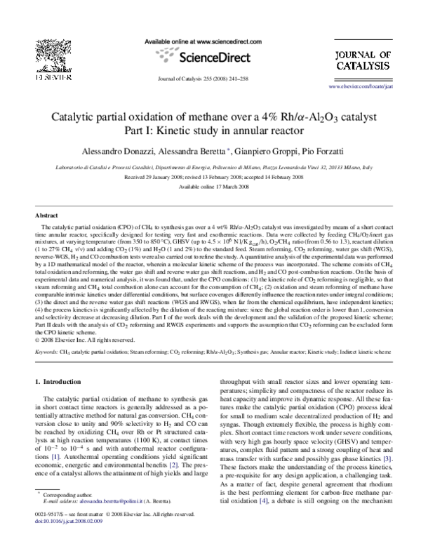 (PDF) Catalytic partial oxidation of methane over a 4% Rh/α-Al2O3 ...