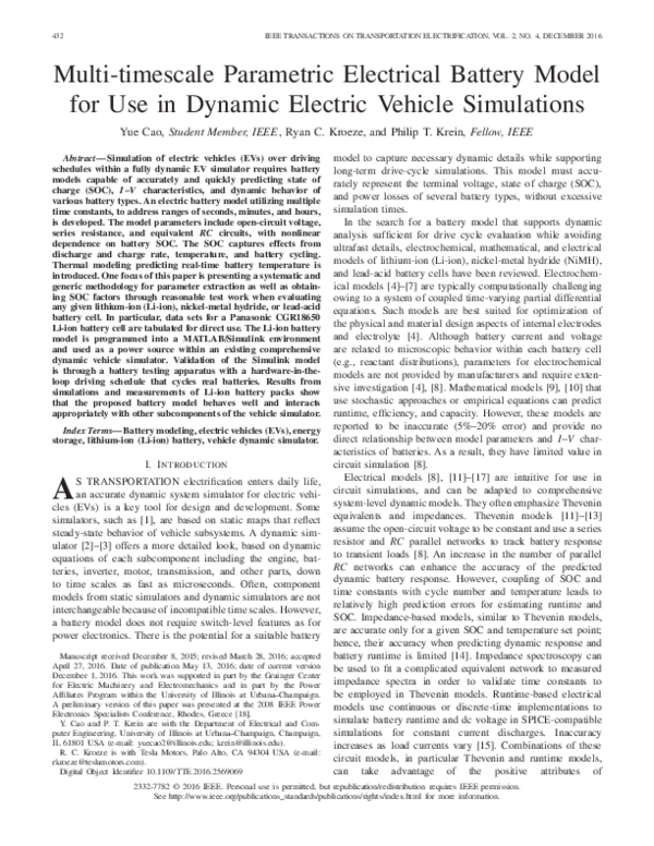 (PDF) Multi-timescale Parametric Electrical Battery Model for Use in Dynamic Electric Vehicle ...